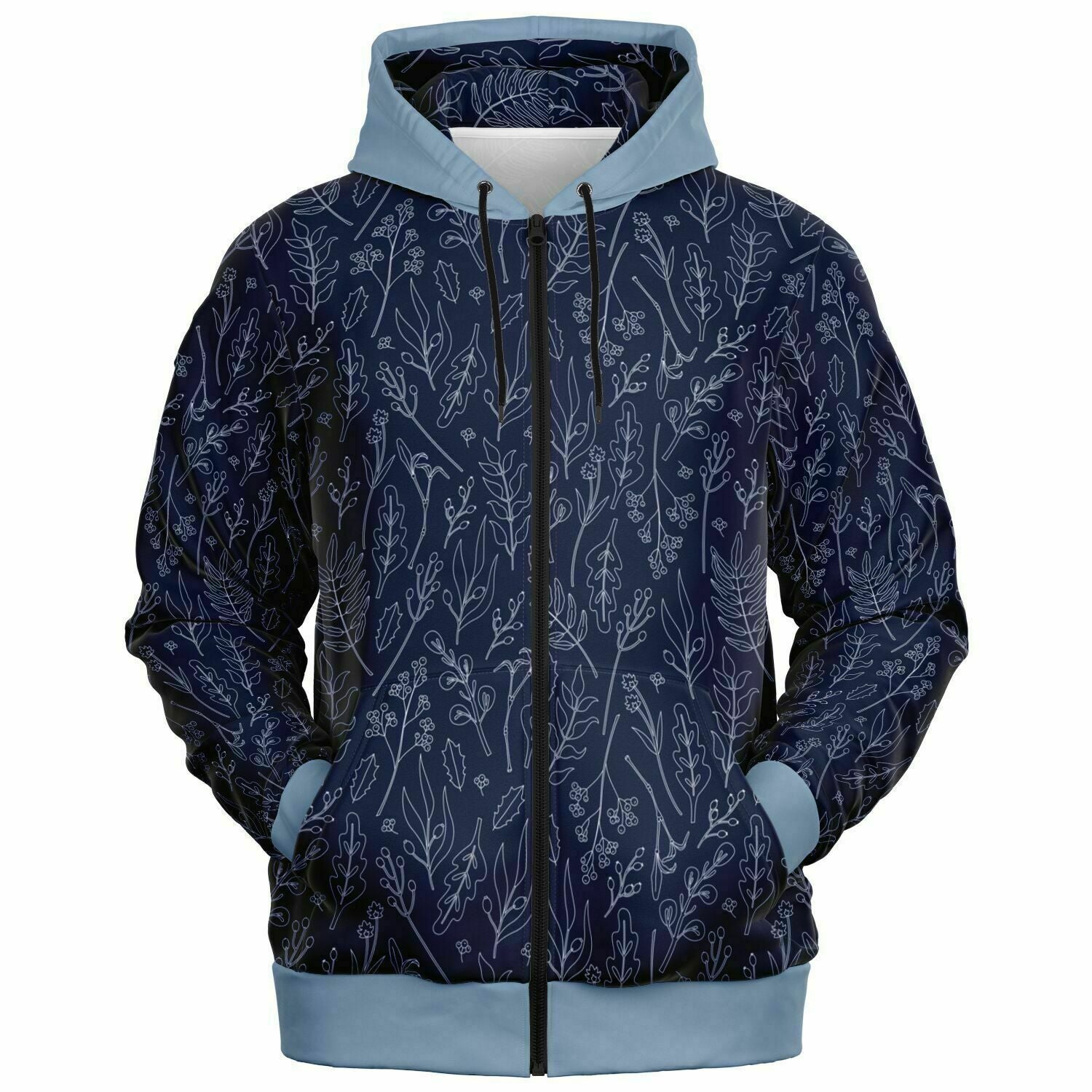 Blue Silver leaves Zip Hoodie - light blue hood – Holodeck Design